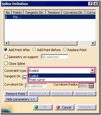 CATIA Surface Design: Options - Spline Creation
